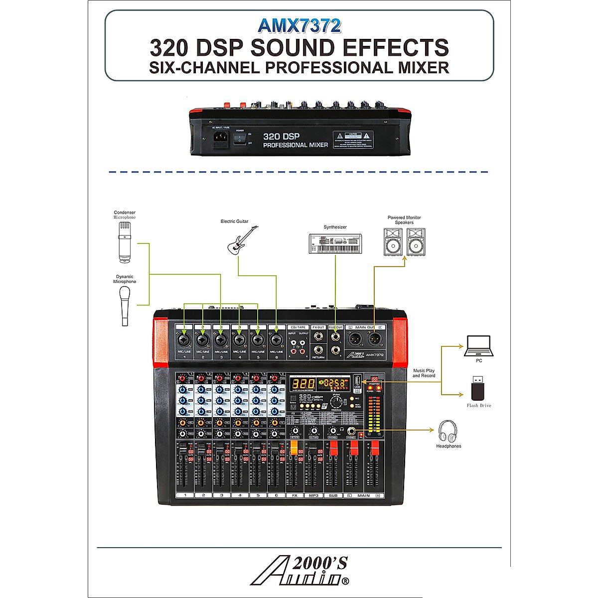 Audio2000'S AMX7372 Six-Channel Audio Mixer with 320 DSP Sound Effects, Stereo Sub Out with Sub-Out Level-Control Fader, Level-Control Faders on All Channels, and USB/Computer Interface