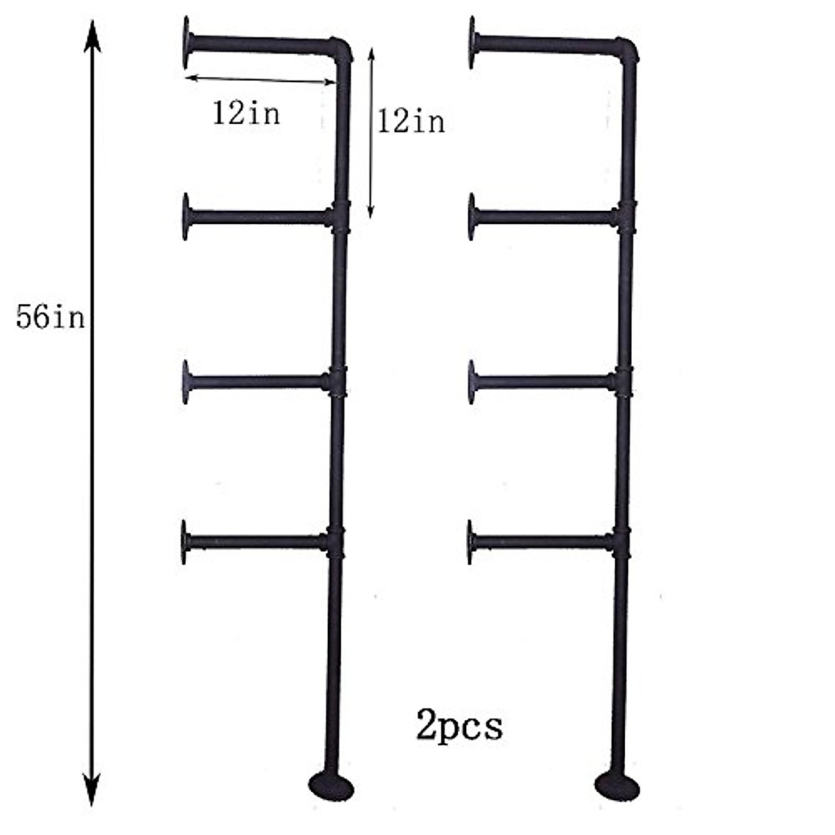 WGX Design For You Industrial Retro Wall Mount Iron Pipe Shelf Hung Bracket DIY Storage Shelving Bookshelf (2 Pcs 4Tier Hardware only)