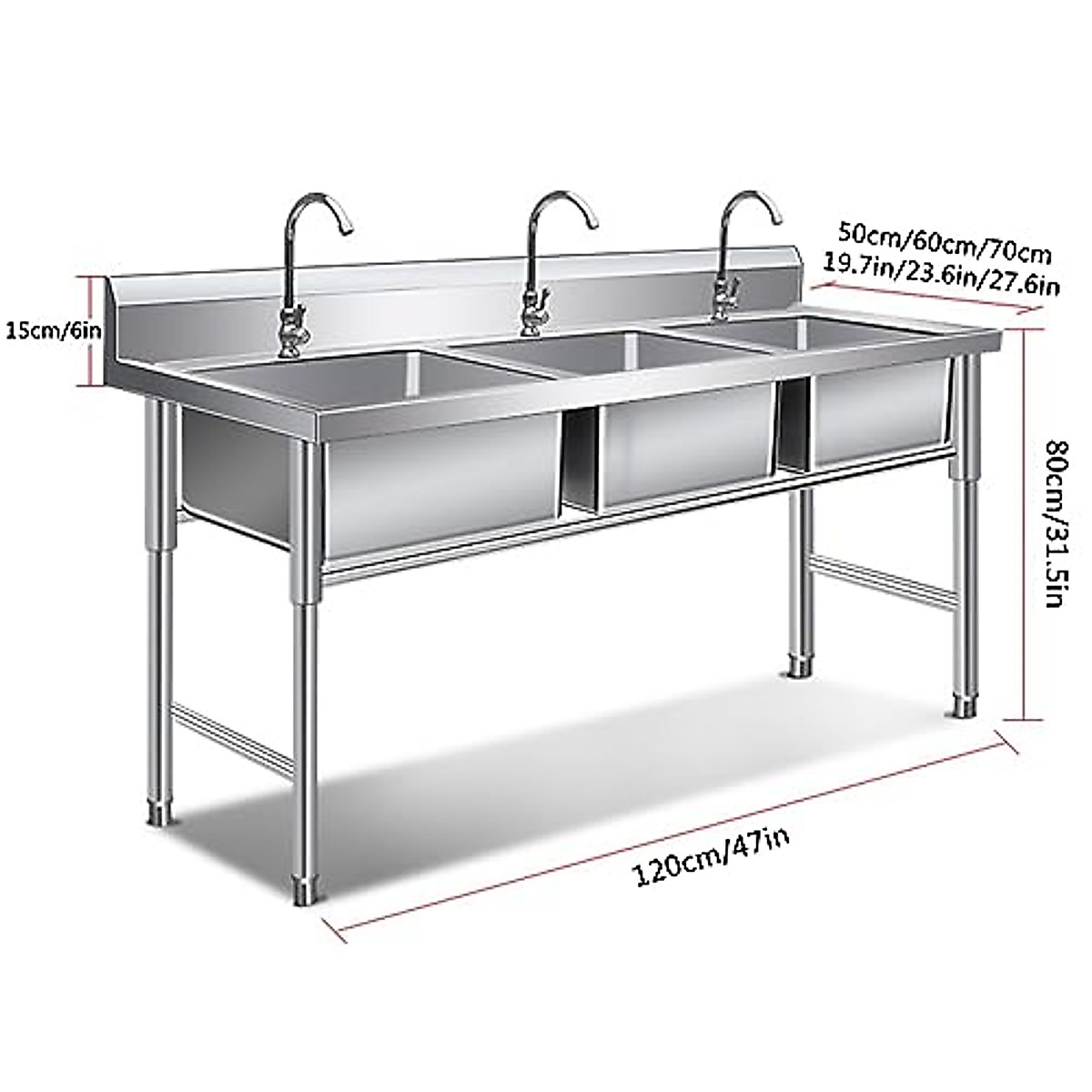 3 Compartment Restaurant Kitchen Prep & Utility Sink,Free Standing Stainless-Steel Three Bowl Kitchen Sink,Free Standing Utility Sink For Garage,Restaurant,Kitchen,Laundry Room(Thick0.8mm)