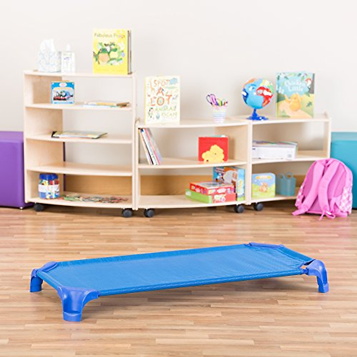 Sprogs Deluxe Heavy-Duty Childrens Standard 52"L Stackable Daycare Cot with Easy Lift Corners Cots for Preschool Kids Sleeping, Resting, and Naptime, SPG-16138-AS, Blue, Green, Red, Yellow (Pack of 4)