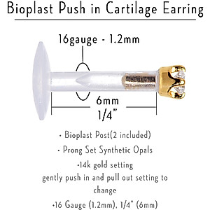 Body Candy 16 Gauge 1/4" Short Post Length 14k Yellow Gold 1.5mm CZ Bioplast Push in Cartilage Earring