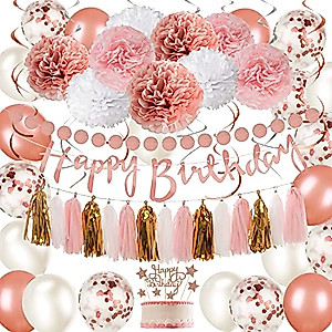 Rose Gold and Pink Birthday Party Decorations Set with Happy Birthday Banner,DIY Cake Topper,Circle Dots Garland,Hanging Swirls,Tissue Paper Pompoms,Paper Tassels Garland,Confetti Balloons for Man Women Birthday Party Decorations
