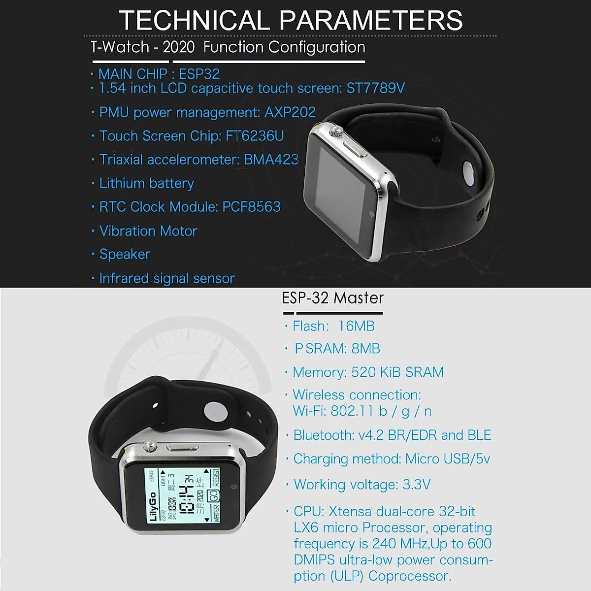 youyeetoo ESP32 T-Watch-2020 with 1.54 Inch Touch Display and programmable Wearable Environmental Interaction