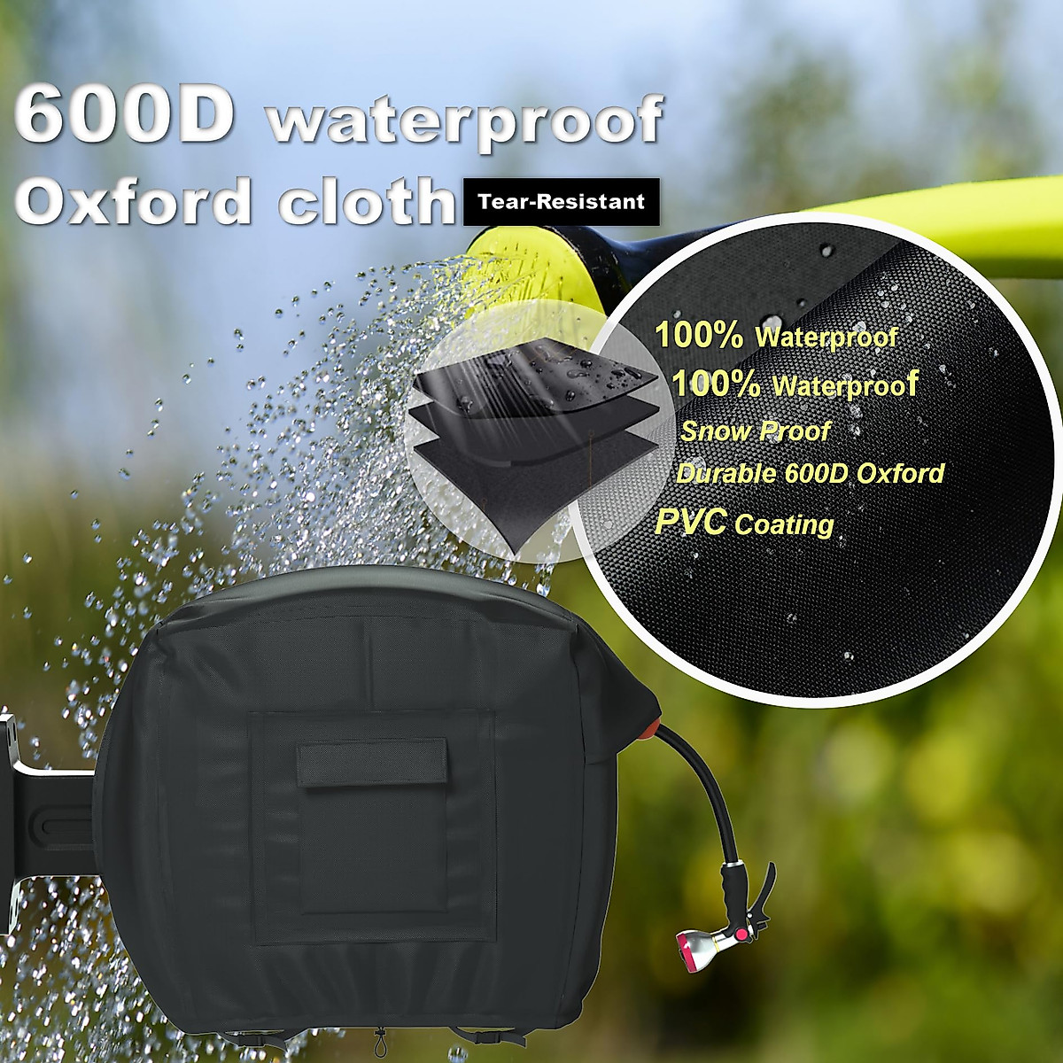 Garden Hose Reel Cover UV Resistant, 100% Waterproof and Anti-Fading Cover for Water Hose Reel，Heavy Duty 600D Polyester Coated Material,With Storage Function ，Black(21.6″ x 15.7″ x 21.6″)