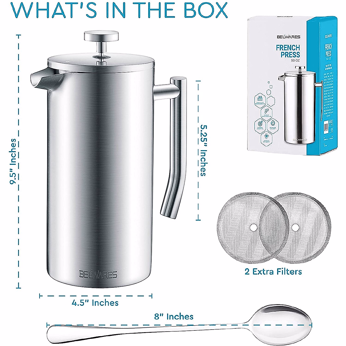 Belwares French Press Coffee Maker 50 Oz – Insulated Coffee Press Stainless Steel 304 Large – Coffee Spoon, Double Wall, & 4 Level Filtration System (1.5 Liter) – Silver