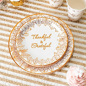 Crisky 24 Guests 96 Pcs Thanksgiving Disposable Napkins Plates Cups Set for Autumn Thanksgiving Dinner Party Decorations, Thankful and Grateful in Orange Foil