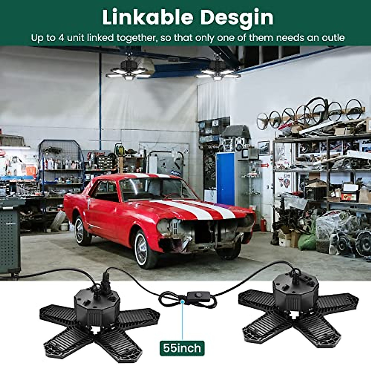 siicaaG 2 Pack LED Plug in Garage Lights, 120W Deformable Garage Ceiling Light 6500K with 5 Adjustable Panels, Bright 12000LM Linkable LED Shop Lights for Garage, Basement, Barn, Warehouse