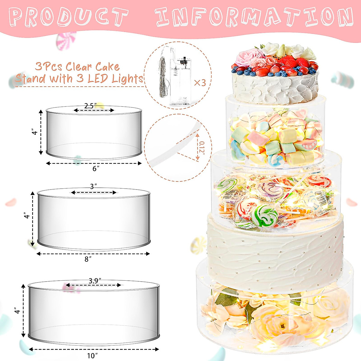 3 Pcs Clear Cake Stand with 3 LED Lights Fillable Acrylic Cake Stand with Lid, Wedding Cake Stand Clear Acrylic Cake Box Floating Cake Stand Cylinder Stands for Party Wedding Birthday Anniversary