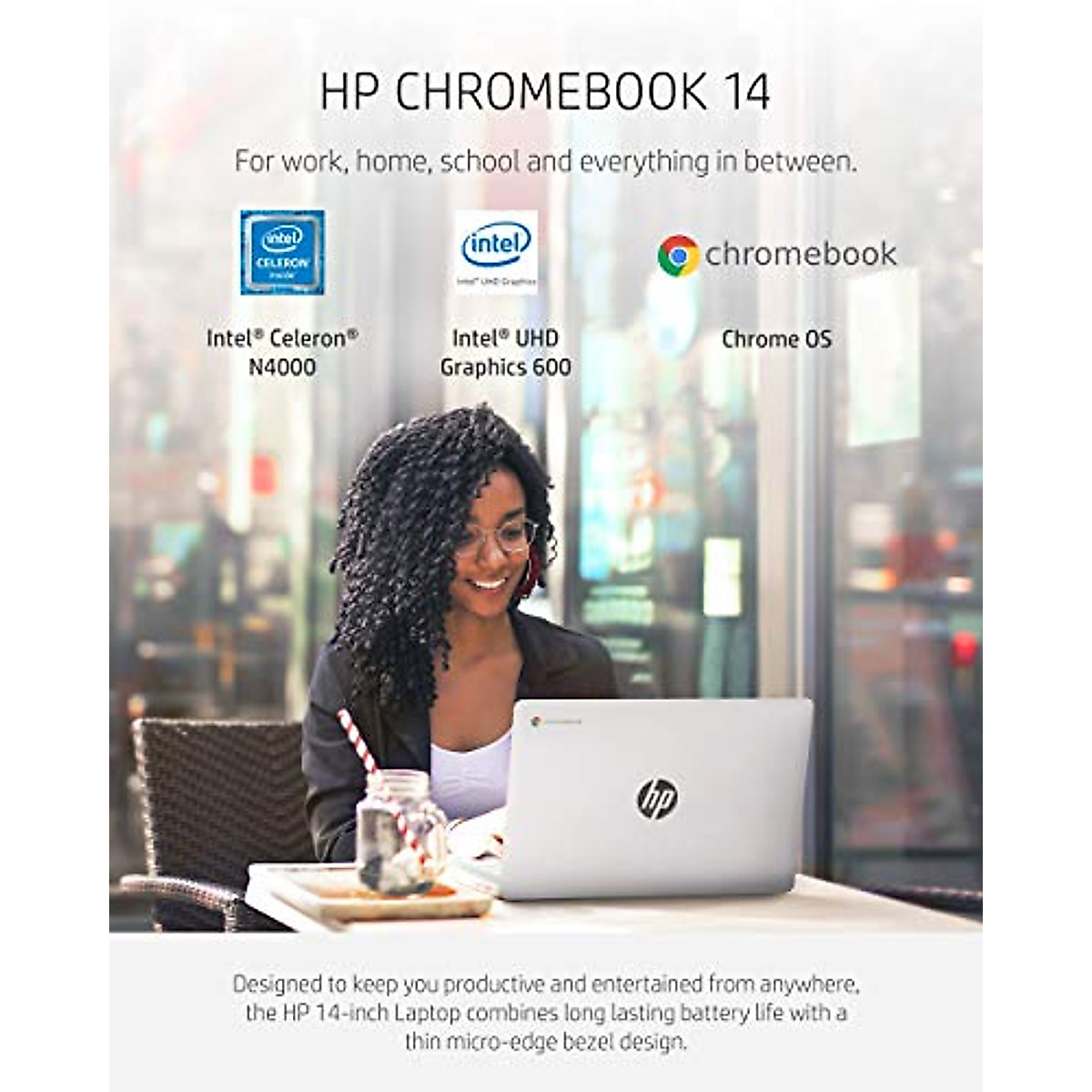 HP Chromebook 14 Laptop, Intel Celeron N4000 Processor, 4 GB RAM, 32 GB eMMC, 14” HD Display, Chrome, Lightweight Computer with Webcam and Dual Mics, Home, School, Music, Movies (14a-na0021nr, 2021)
