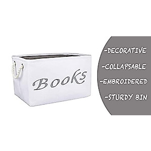 Embroidered Tote Bin - Storage Basket for Nursery - Large Storage Box - Organizing Bedroom, Closet, Classroom (White Book Basket)