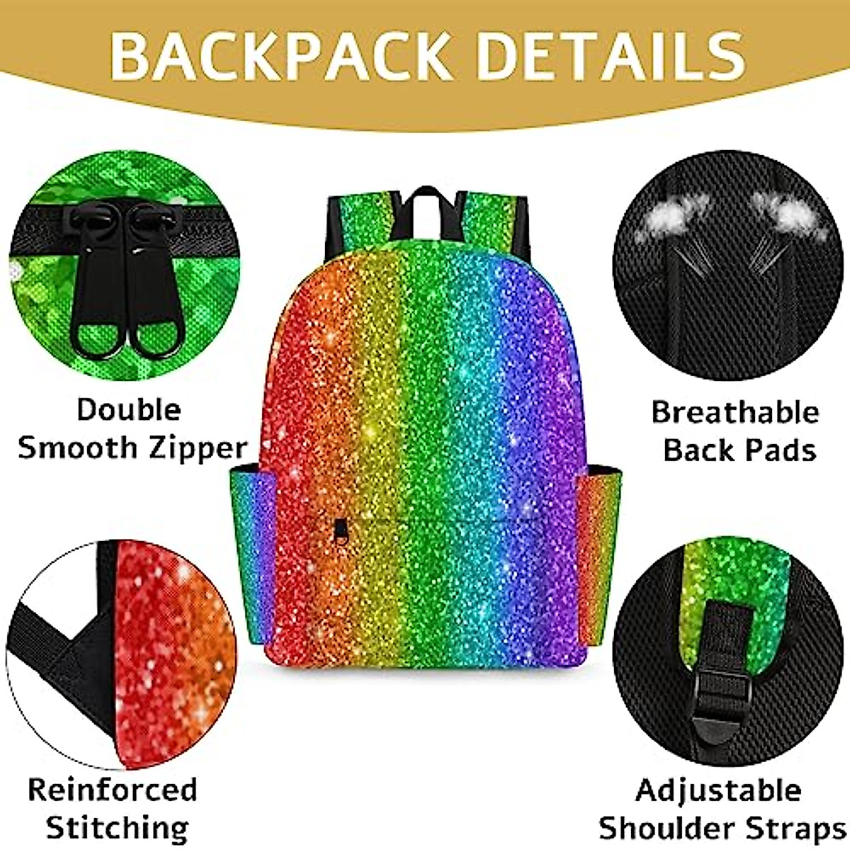Bardic Backpack for Kids Kindergarten Boys Girls Backpack Metal Double Zipper Lightweight School Bookbag Travel Backpack - Rainbow Glitter Star