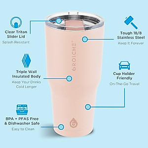 GROSCHE Yukon 30 oz Insulated Coffee Mug with Lid - Durable Travel Mug, Stainless Steel Tumblers, Vacuum Insulated Coffee Tumbler for Hot or Cold Beverages - PINK
