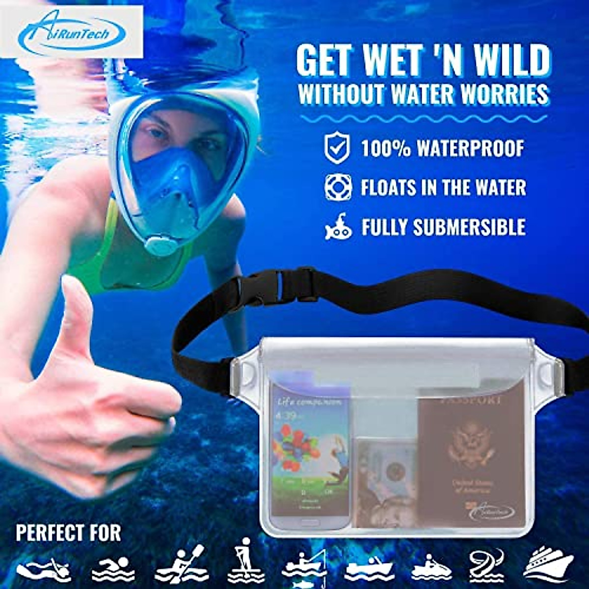 AiRunTech Waterproof Dry Bag, 10L Roll Top Compression Sack with Phone Dry Bag Case and Long Adjustable Shoulder Strap Included for Outdoor Water Sports, Boating, Hiking(Black, 10L with Window)