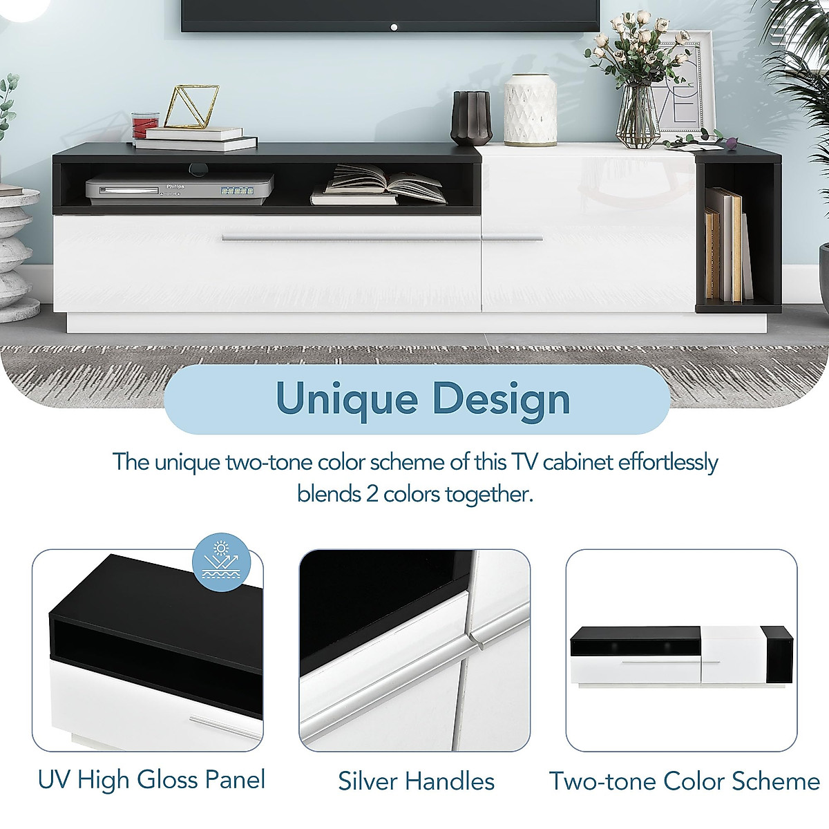 Merax Two-Tone Design Stand with Silver Handles, UV High-Gloss Media Console for Television Up to 70", Chic Style TV Storage Cabinet for Living Room, 66.8 inch Length, White