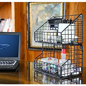 3 Tier Stackable Tea Bag Organizer with 5 Hooks Metal Wire Basket Coffee Condiment Snack Rack Holder Countertop Caddy Bin Wall Mount Shelf for Office Kitchen Cabinet Pantry Patent Desgin