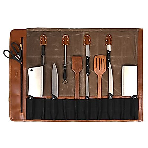 Leather Canvas Knife Roll Storage Bag Expandable 10 Pockets Detachable Shoulder Strap Travel-Friendly Chef Knife Case Roll By Aaron Leather Goods (OVIEDO, Canvas Leather)