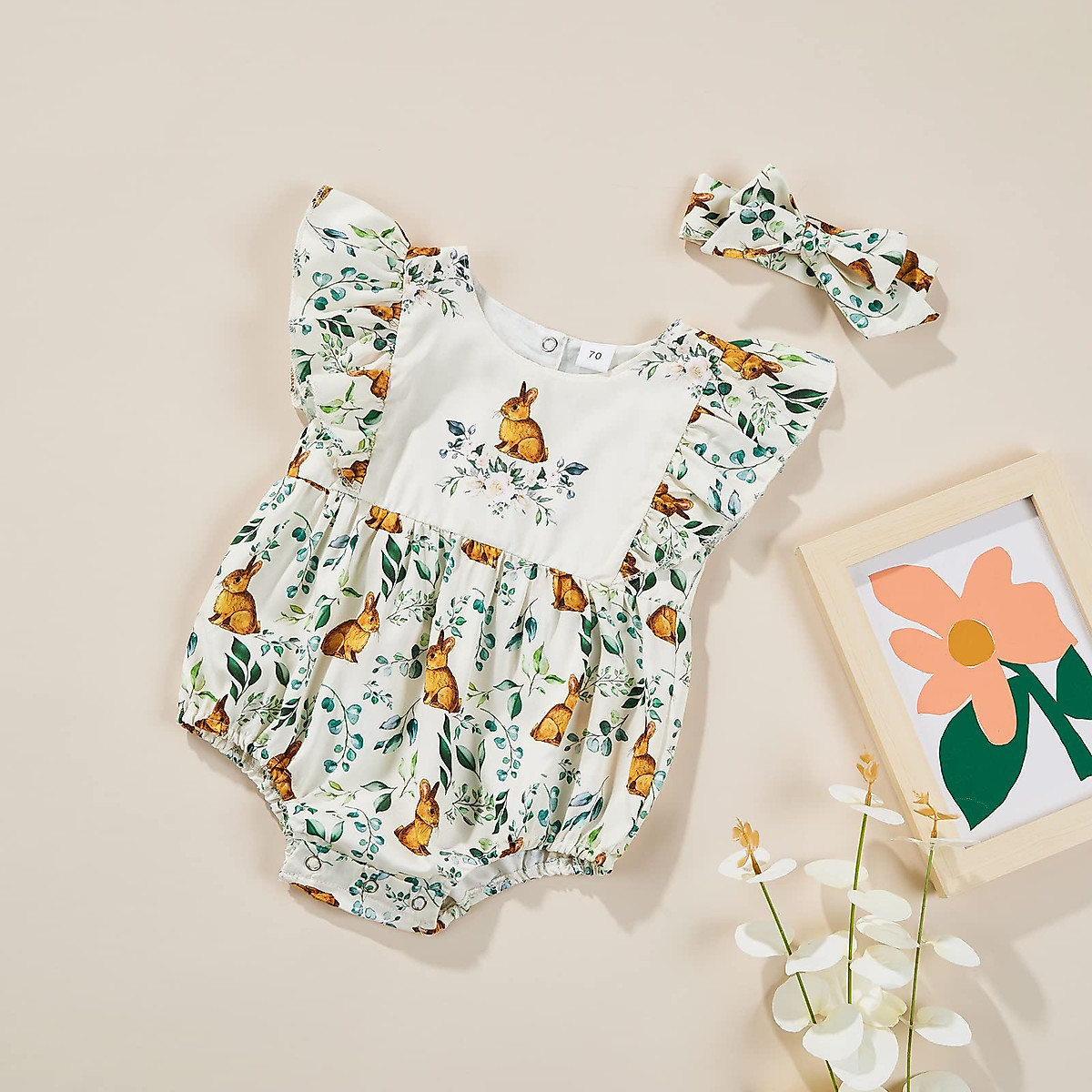 Easter Infant Newborn Baby Girl Rompers Fly Sleeve Round Neck Sleeveless Rabbit Print Jumpsuit Headband Outfits (White, 3-6 Months)