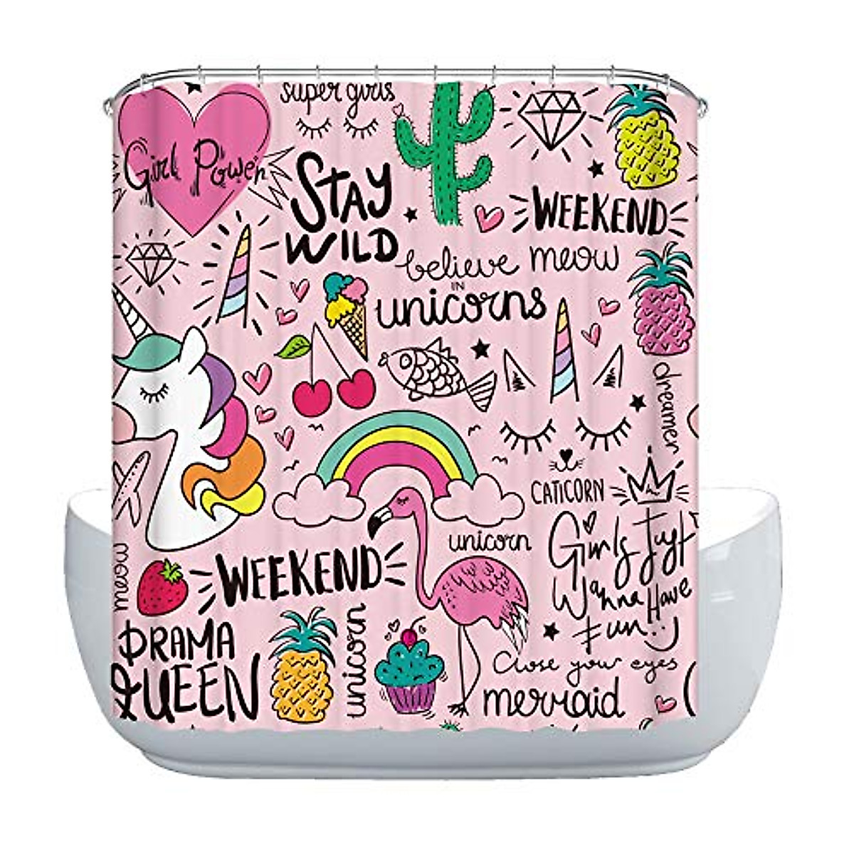 Amagical Cute Unicorn Ice Cream Pineapple Cherry and Other Items Pink Decor 16 Piece Bathroom Mat Set Shower Curtain Set Bath Mat Contour Mat Toilet Cover Shower Curtain 12 Hooks (Pink)