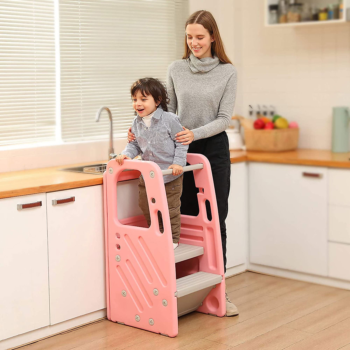 SDADI PLT01PK Children's Plastic Learning Step Stool with 3 Adjustable Heights, 150 Pound Capacity, Built-in Storage, and Non-Skid Rubber Feet, Pink