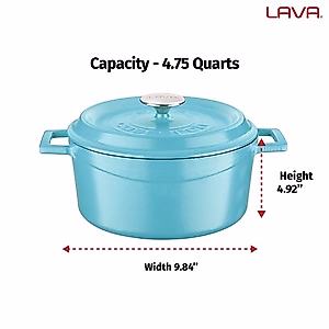 LAVA 4.7 Quarts Cast Iron Dutch Oven: Multipurpose Stylish Round Shape Dutch Oven Pot with Three Layers of Enamel Coated with Trendy Lid (Turquoise)