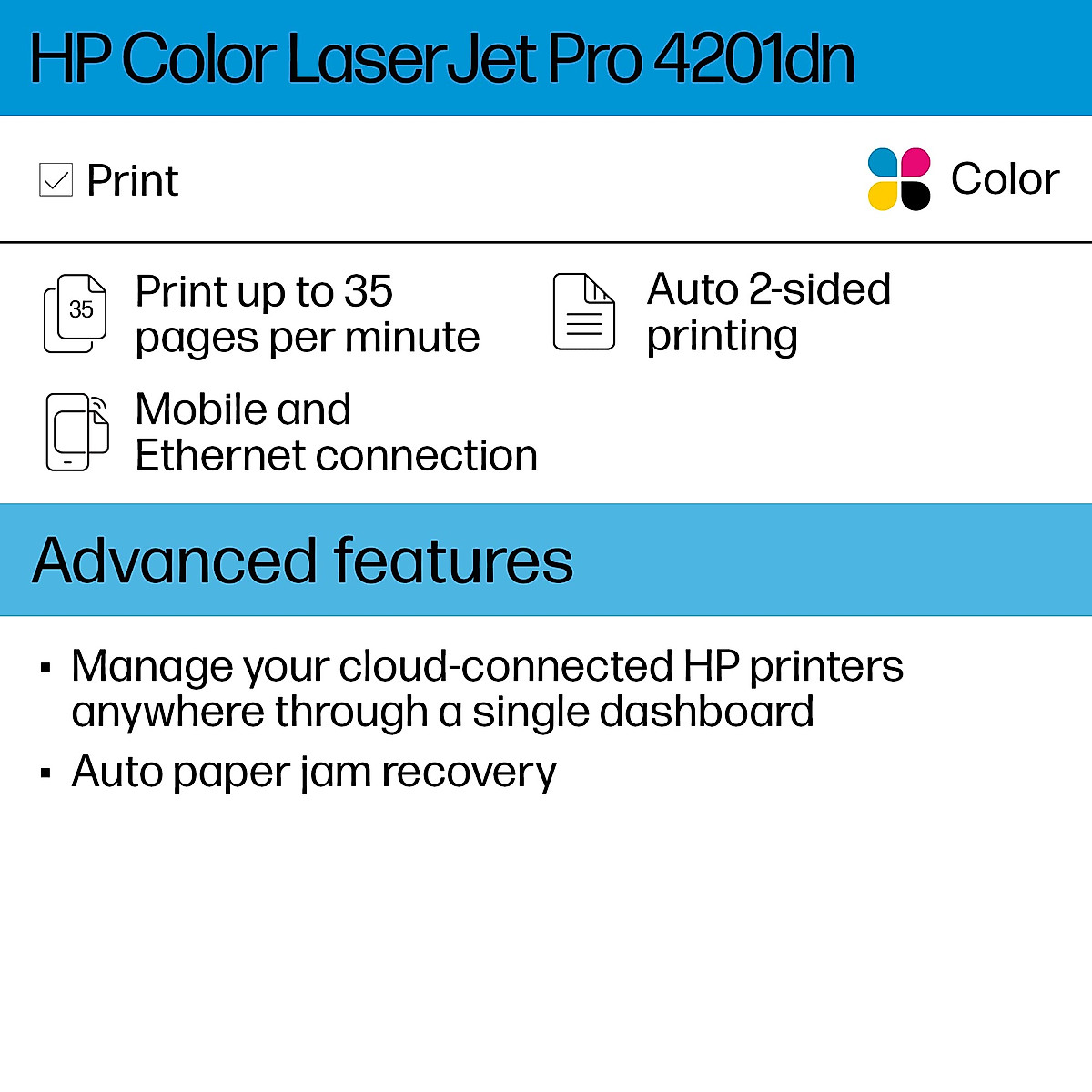 HP Color LaserJet Pro 4201dn Printer, Print, Fast speeds, Easy setup, Mobile printing, Advanced security, Best-for-small teams,white