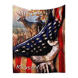 Personalized American Flag Deer Hunter Maple Leaf Blanket with Name Text Custom Super Soft Fleece Throw Blankets for Couch Sofa Bed 50 X 60 inches