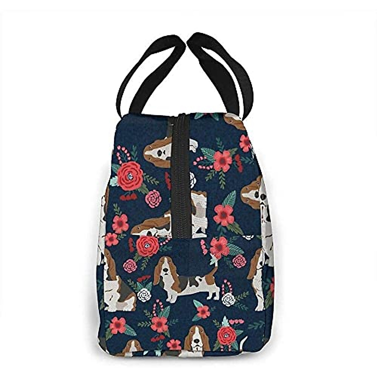 Lunch Bag Basset Hound Floral Dog Dog With Flowers Navy Blue Lunch Box Insulated Bag Tote Bag For Men/Women Work Travel