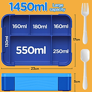 Jelife Bento Lunch Box for Kids - 1450ml Leakproof Kids Bento Box 6 Compartments Toddler Lunch boxes with Silverware for Back to School, Reusable LunchBox Snack Container for Daycare