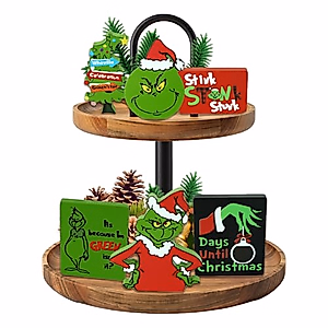 Christmas Tiered Tray Decor Green Tiered Tray Decoration Christmas Tree Wooden Signs Decorations for Farmhouse Home Tabletop Shelf