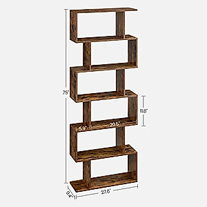 VASAGLE Bookshelf, 6-Tier Bookcase, Tall Display Shelf, Freestanding Divider, for Home Office, Living Room, Bedroom, Study, Rustic Brown