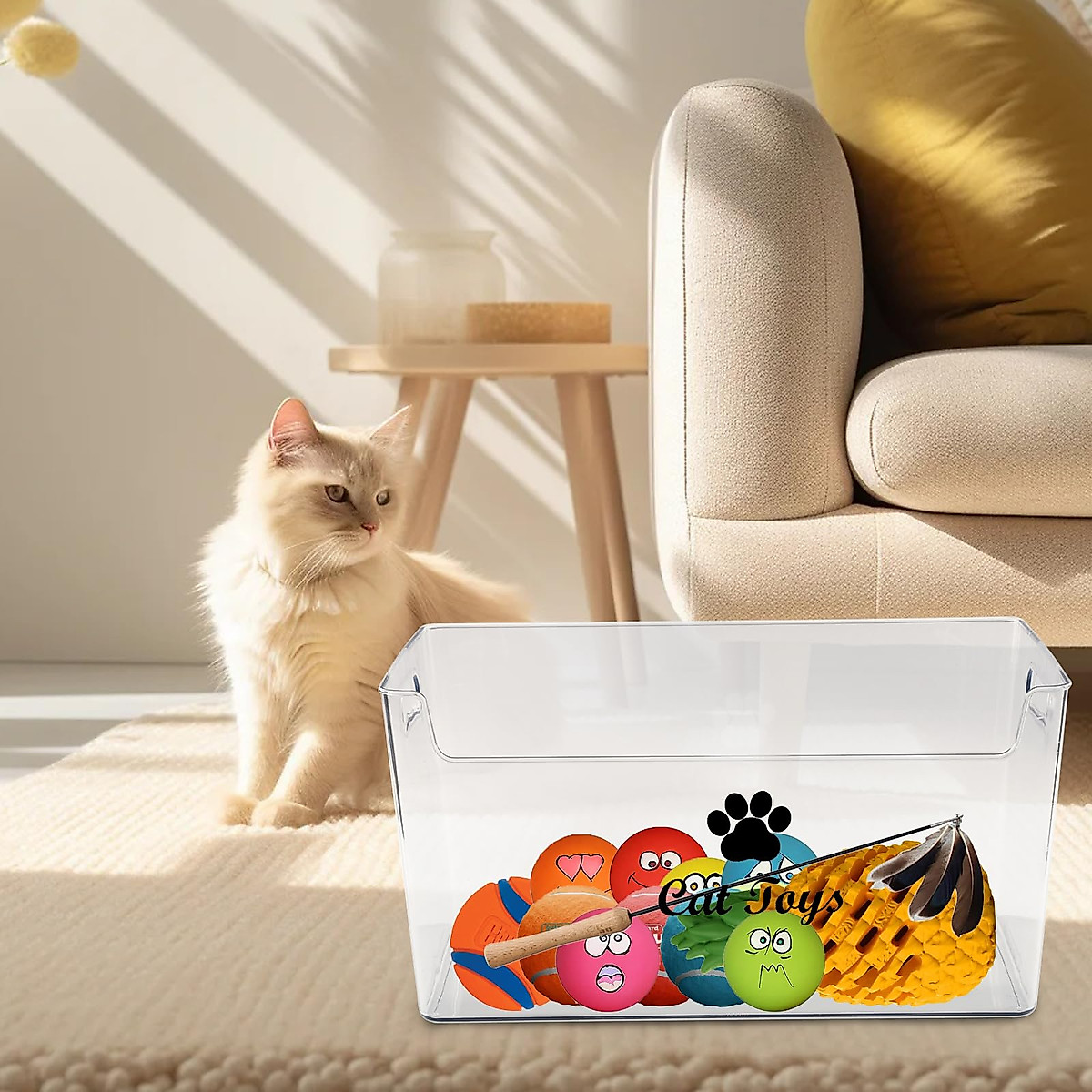 Cat Toy Bin,Clear Cat Toys Storage Bins,Cat Shallow Toy Baskets,Acrylic Pet Supplies Storage Basket with Handle,Easy To Clean,Premium Quality,for Cat Toys, Coats, Clothing, Blankets, and Treats