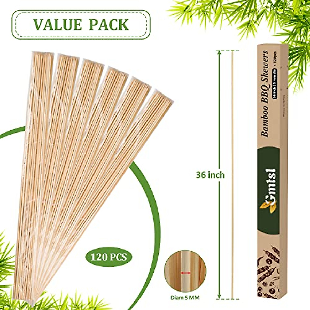 120 PCS Marshmallow Roasting Sticks - Smores Sticks for Fire Pit, Extra Long 36 Inch 5mm Thick Heavy Duty Bamboo Skewers, Kids Safe Roasting Sticks for Campfire, Camping, and Parties(36 Inch -120 PCS)