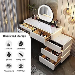 VELLE Vanity, Makeup Vanity with Cabinets and Ambient Light, Vanity Desk Set includes Smart HD Lighted Mirror and Vanity Chairs, Solid Wood Frame Vanity for Bedroom (31.5", 6 Drawers)