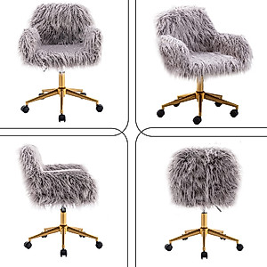 Grey Faux Fur Desk Chair, Cute Upholstered Padded Seat, Vanity Accent Modern Height Adjustable Swivel Office Chair for Living Room Makeup Home Office Bedroom (Grey)