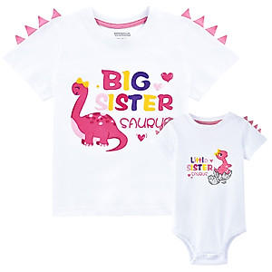 Big Sister Little Sister Matching Outfit Shirts Big Sis Little Sis Sibling Shirt Set Dinosaur Toddler Newborn Bodysuit Set Gift Included Big Sis T Shirt & Lil Sis Bodysuit T-Rex Short Sleeve Suit
