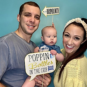 Boy Baby Shower Photo Booth Props - 41-pc Photo Booth Kit with 8 x 10-Inch Sign, 60 Adhesive Pads, 45 Sticks - Picture Props for Baby Shower - Baby Shower Boy Photo Booth Props