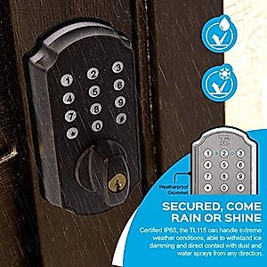 TURBOLOCK TL115 Smart Lock with Keypad and Voice Prompts | Digital Deadbolt w/ App for Unlimited eKeys | Code Disguise, Backup Keys + Micro-USB Port — Ready for Thicker Doors (IP65) (Bronze)