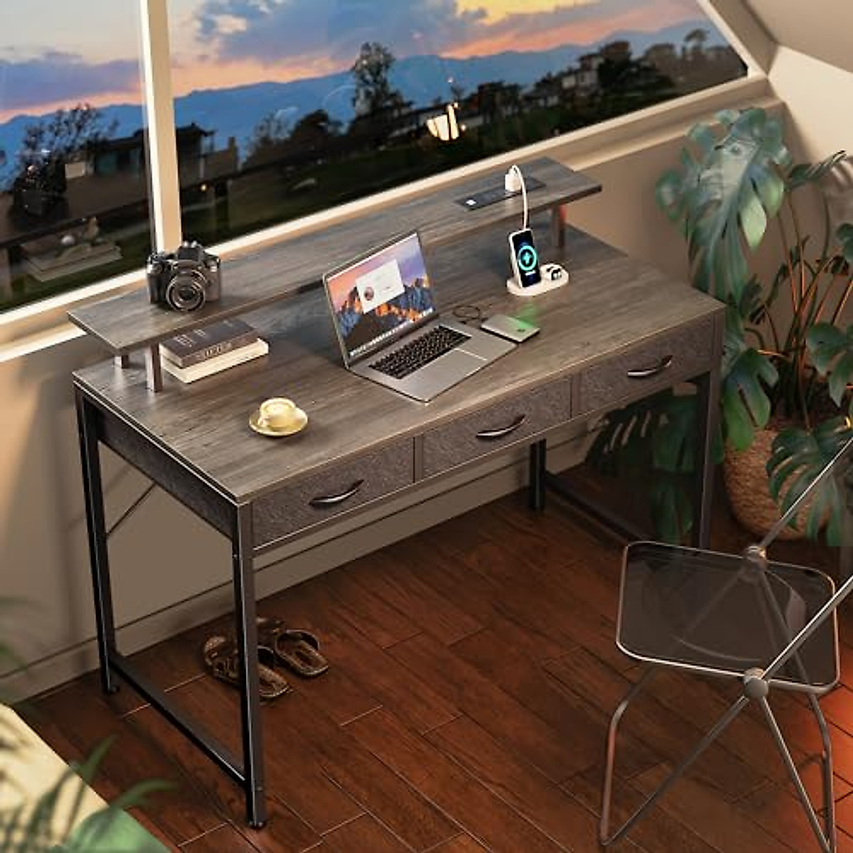 Huuger 47 inch Computer Desk with 3 Drawers, Office Desk Gaming Desk with LED Lights & Power Outlets, Home Office Desks with Storage Space for Bedroom, Work from Home, Gray