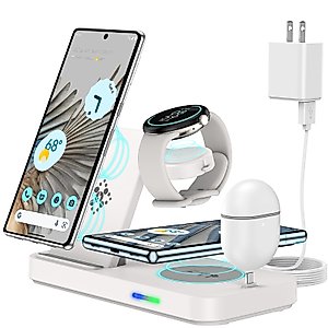 Upgraded 4 in 1 Wireless Charger for Google Pixel Watch 1, Pixel 8 Pro/8/7A/Fold/7/7 Pro/6/6 Pro/5/4/3/XL, Pixel Buds Pro, Foldable Wireless Charging Station for Google Pixel, iPhone, Airpods, Samsung