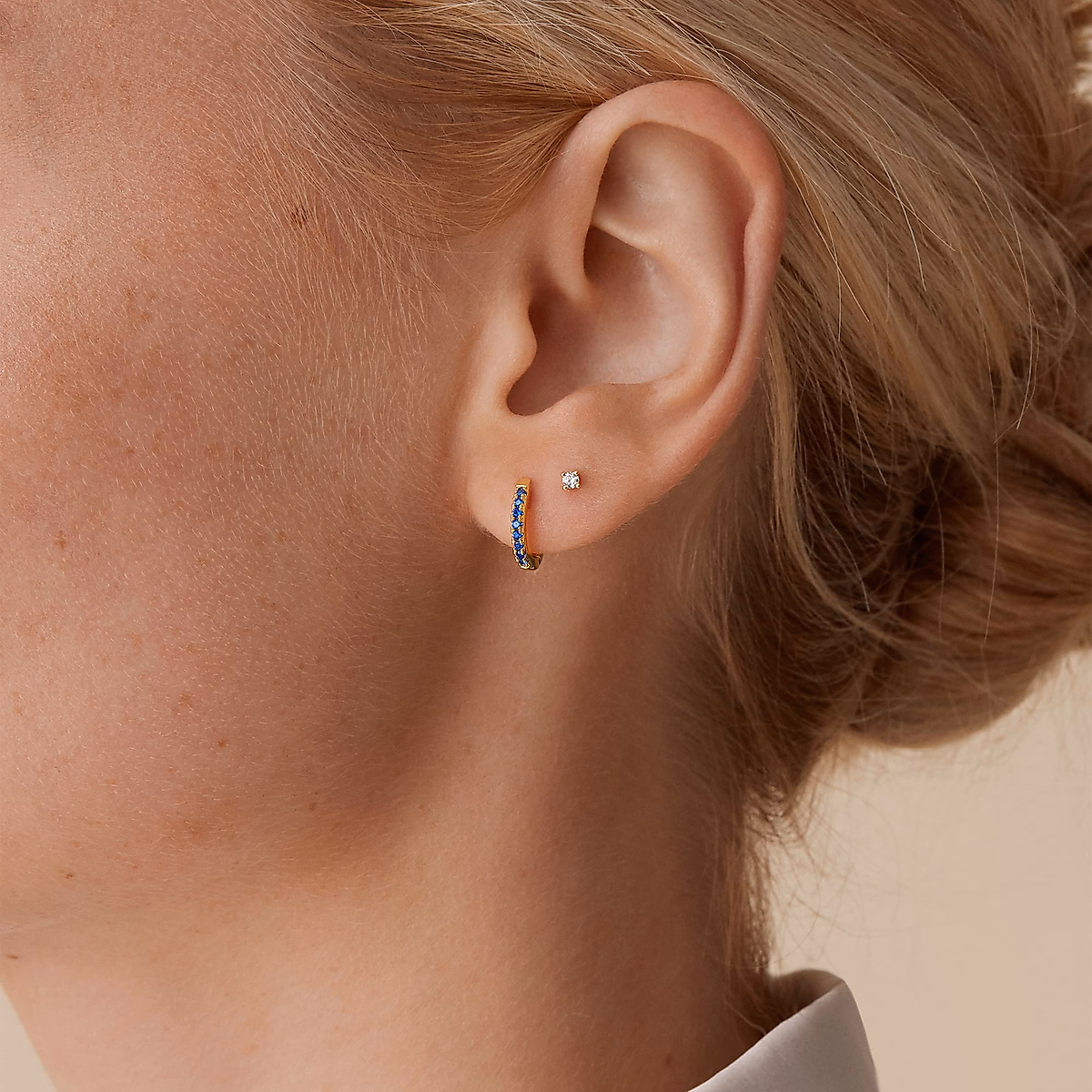 PAVOI 14K Gold Plated Sterling Silver Post Huggies | Cubic Zirconia Huggie Earrings for Women | Nano Spinel Blue Stones, White Gold