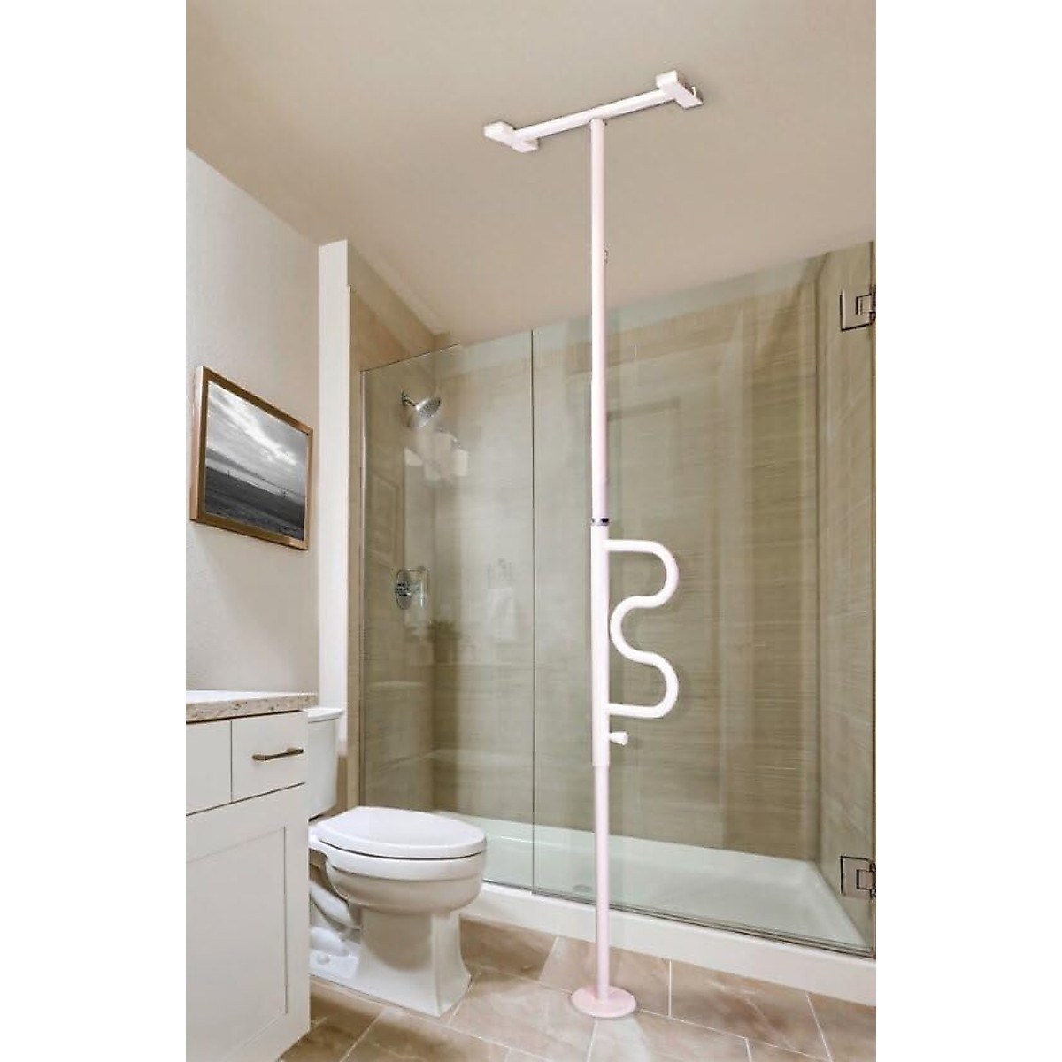 Stander Security Pole and Curve Grab Bar, Elderly Tension Mounted Floor to Ceiling Transfer Pole, Bathroom Safety Assist and Stability Rail, Iceberg White