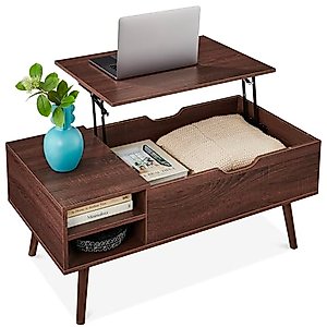 Best Choice Products Lift Top Coffee Table, Wooden Mid-Century Modern Multifunctional Accent Table for Living Room w/Hidden Storage, 2 Cubbies, Removable Shelf - Walnut