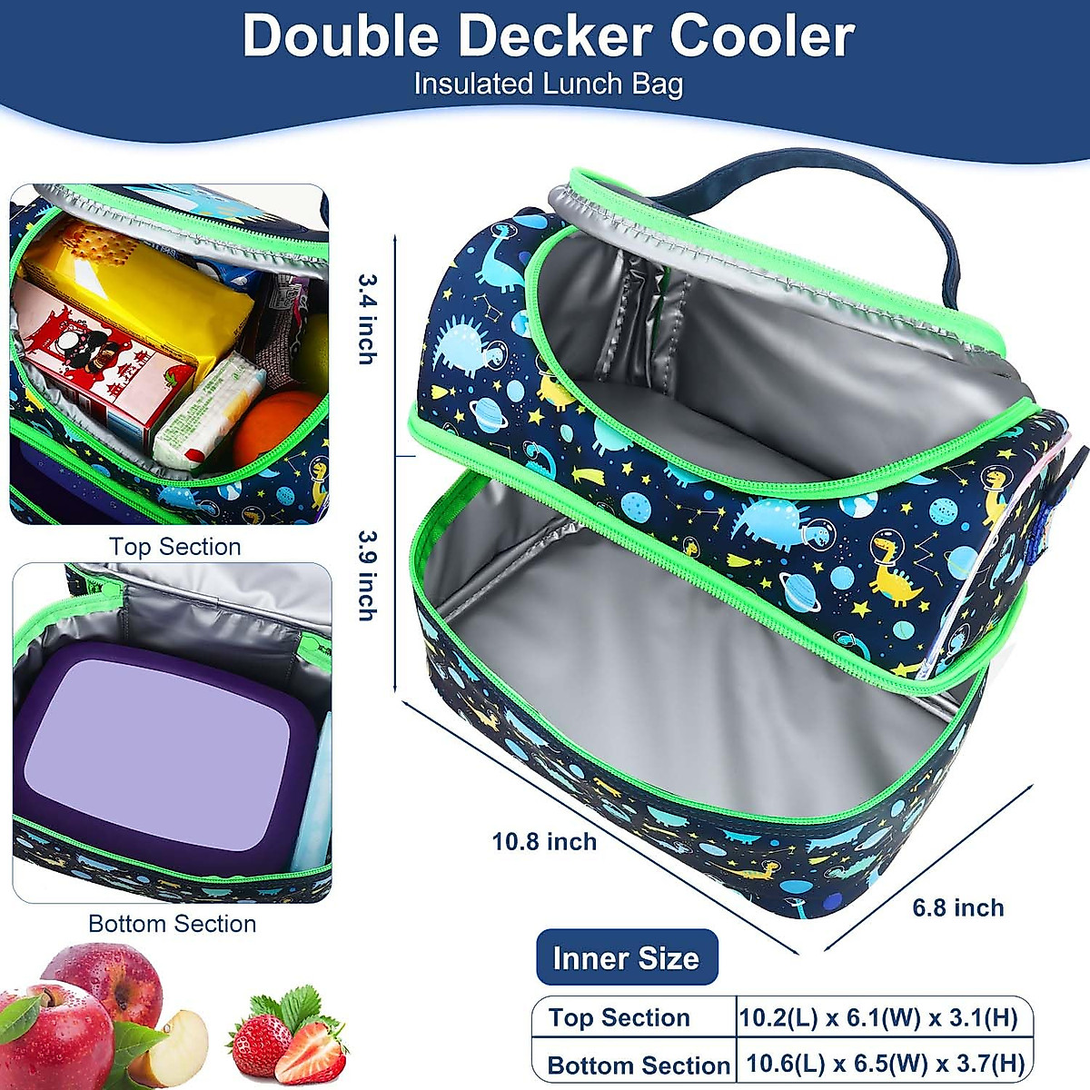 RHCPFOVR Kids Lunch Bag - Double - Decker Cooler Insulated Lunch Box for Boys Girls,Washable Lunch Bag with Strap and Reusable Toddler Lunchbox for School and Daycare