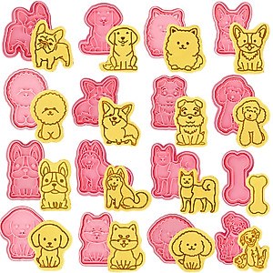 16 Pcs Dog Cookie Cutters with Plunger Stamps Set 3D Puppy Bone Shape Biscuit Cutter Funny Cartoon Cookie Stamps Stamped Embossed Dog Cookie Cutters for Treats DIY Cookie Cake Baking Supplies
