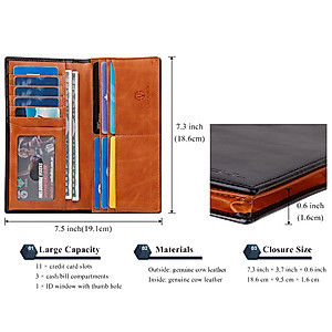 VISOUL Men's Leather Long Bi-fold Checkbook RFID Blocking Wallets, Breast Pocket Tall Billfold Secretary Wallet for Men with 12 Card Slots (Black and Orange)