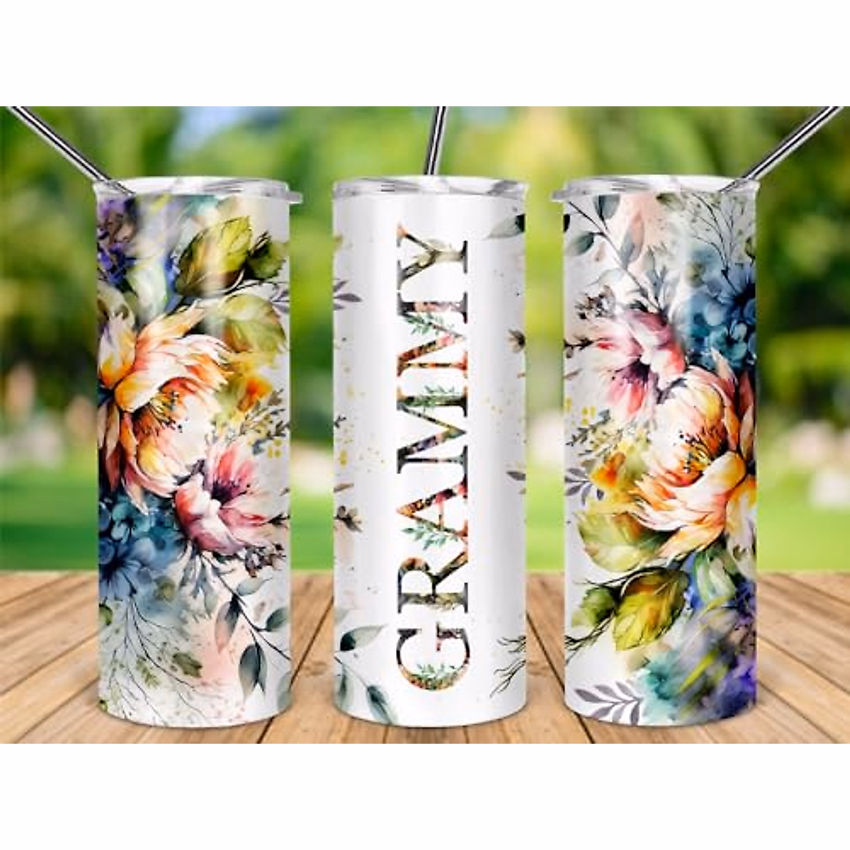 Generic Gram-my #3 20oz Stainless Steel Tumbler, Slide Door Lid & Straw Included, Flowers, Mother's Day, Gift, Great For Keeping Drink Cold or Hot, Design You Choose