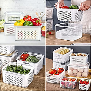 SunPlume 3 Pack Fruit Storage Containers for Refrigerator, Produce Saver Vegetable and Fruit Container with Drain Colanders, BPA-Free Refrigerator Organizer for Lettuce Berry Keepers