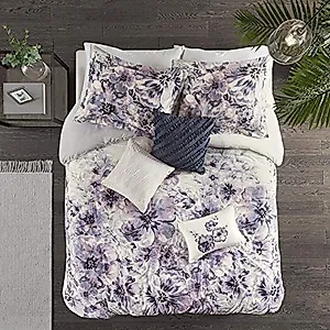 Madison Park Enza 100% Cotton Duvet Beautiful Floral Design All Season, Breathable Comforter Cover Bedding Set, Matching Shams, Full/Queen(90"x90"), Purple 3 Piece