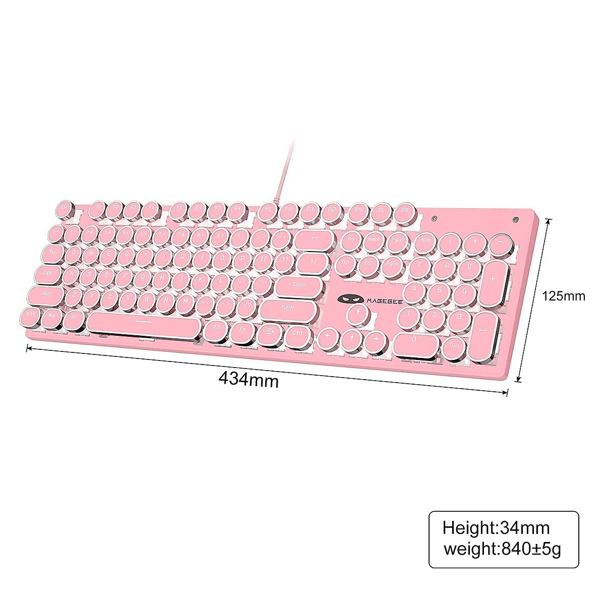 Typewriter Style Mechanical Gaming Keyboard, Pink Punk Gaming Keyboard with White Backlit, 104 Keys Blue Switch Wired Cute Keyboard, Round Keycaps for Windows/Mac/PC
