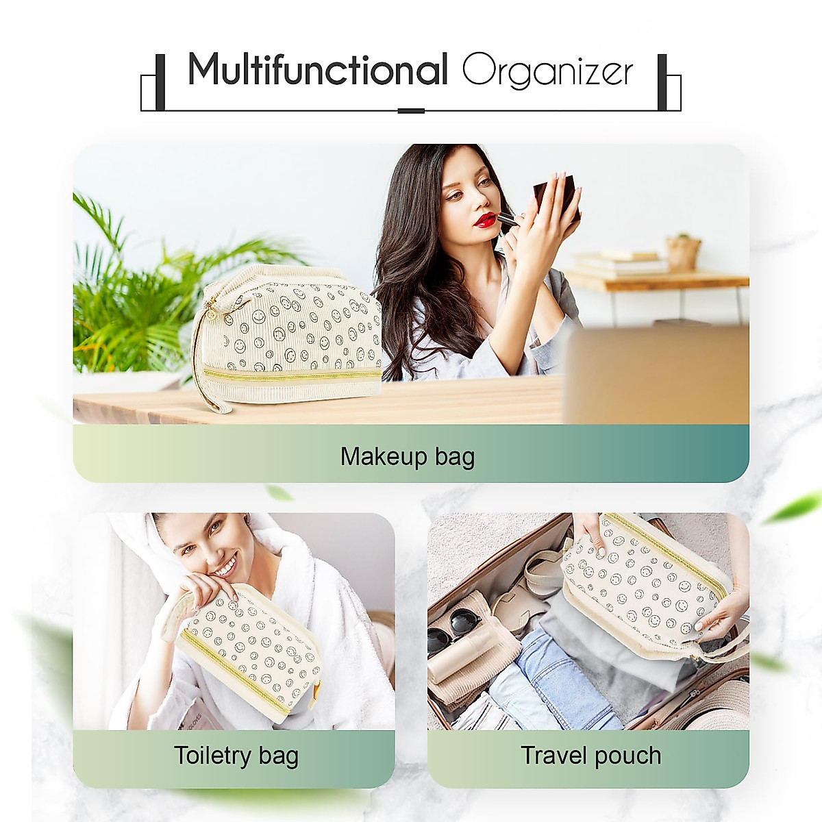 Travel Make up Bag Double Layer Cosmetic Bag Gift for Women Preppy Stuff Bag for Her Mom Girlfriend Wife Teacher 12 13 14 15 16 Years Old Teen Girl Gifts Trendy Smile (Beige)